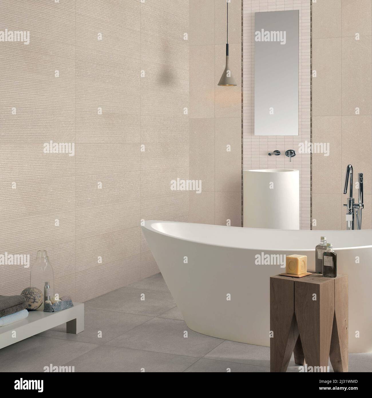 Modern bathroom with elegant tiles, seamless design, luxurious interior ...