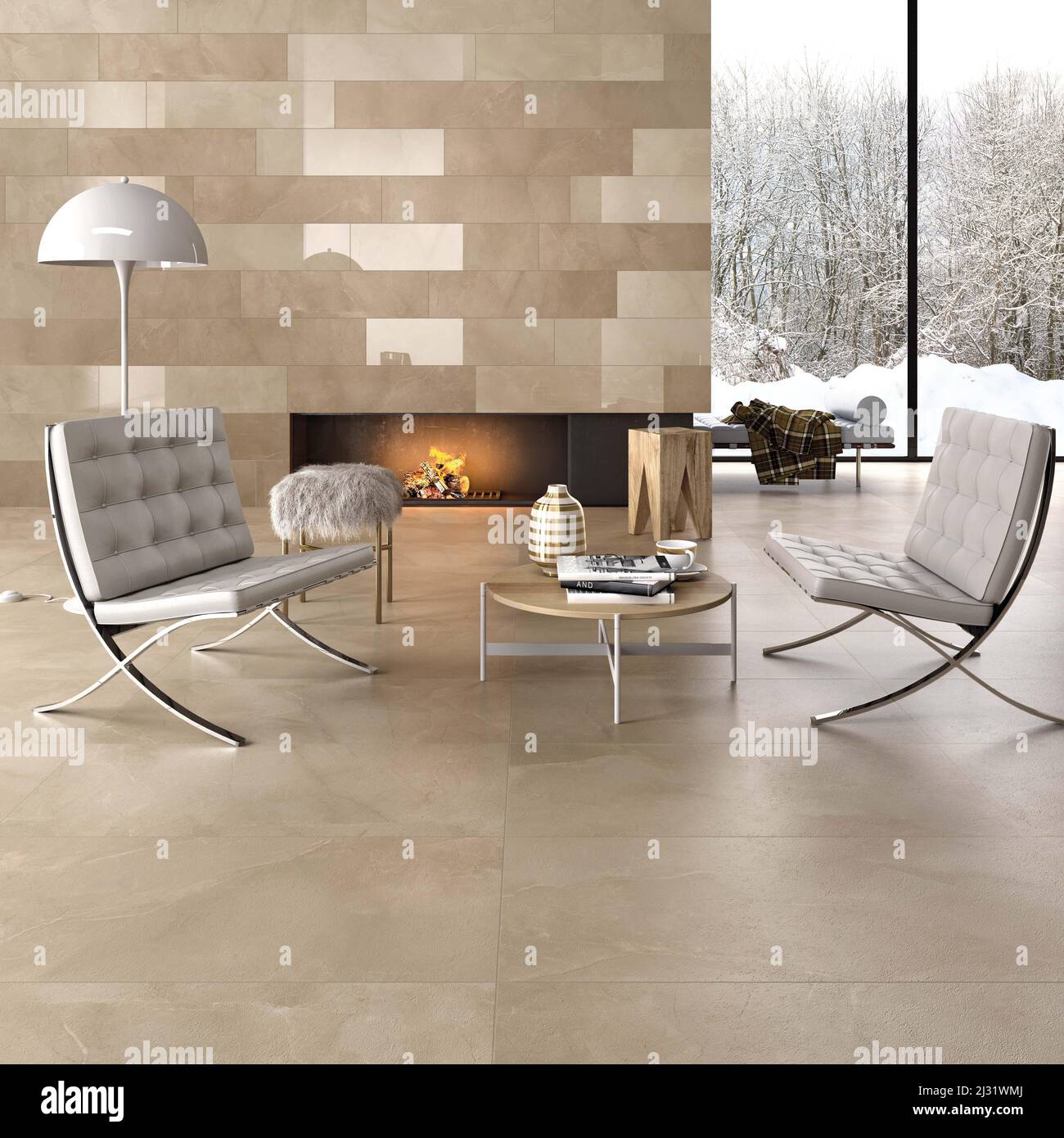 Modern interior design of room with elegant beige and cream tiles ...