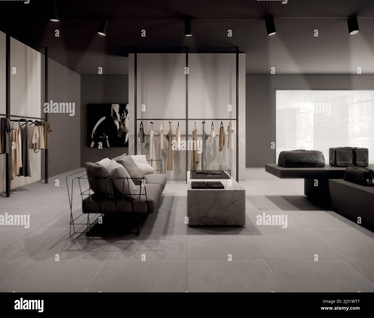 Modern showroom with elegant tiles, seamless design, luxurious interior ...