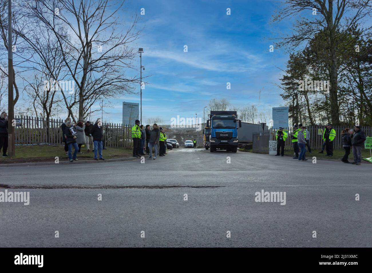 protesters demonstrating outside of walleys quarry waste landfill site ...