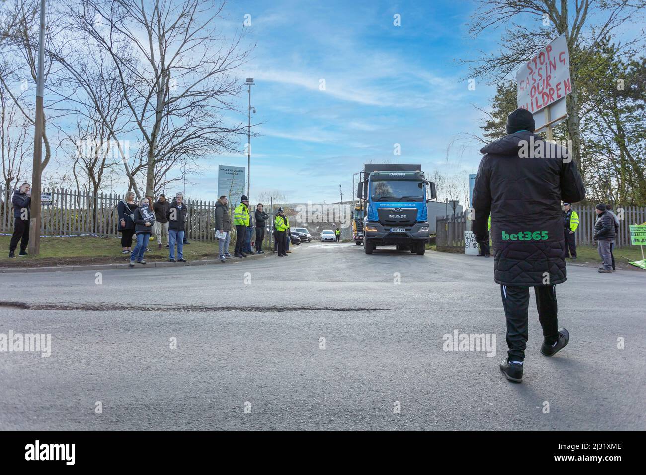 protesters demonstrating outside of walleys quarry waste landfill site ...