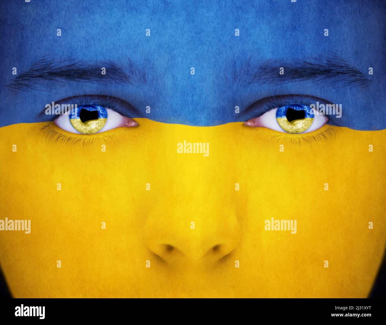 Male face painted with the flag of Ukraine. Reflection Flag of Ukraine ...