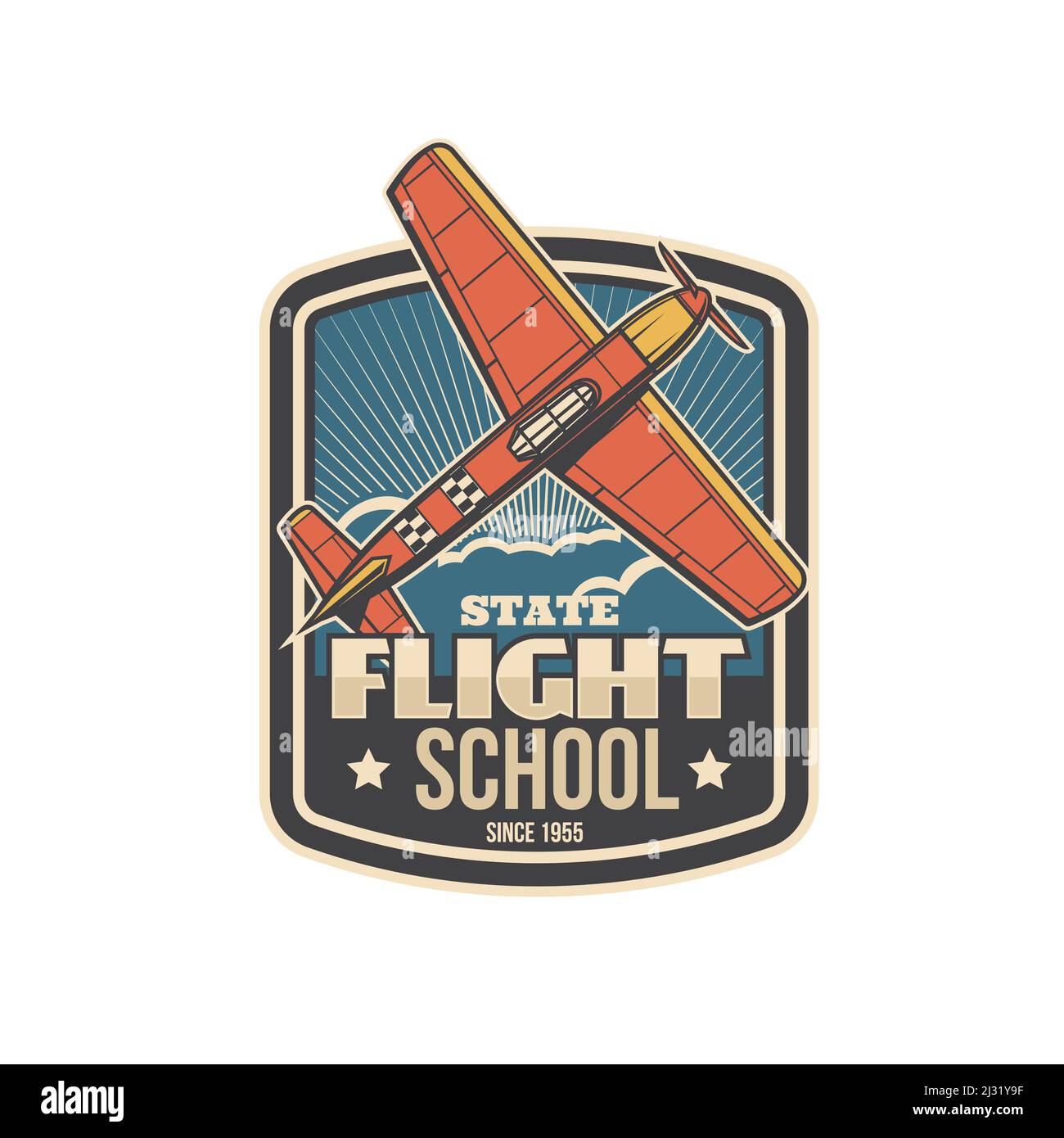 Flight school icon with airplane, pilots academy and aviation education ...