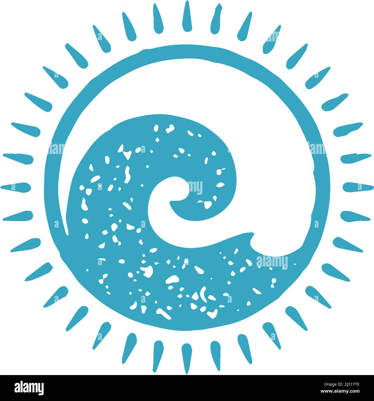 Monochrome blue sea wave circle contoured hand drawn ornamental ...