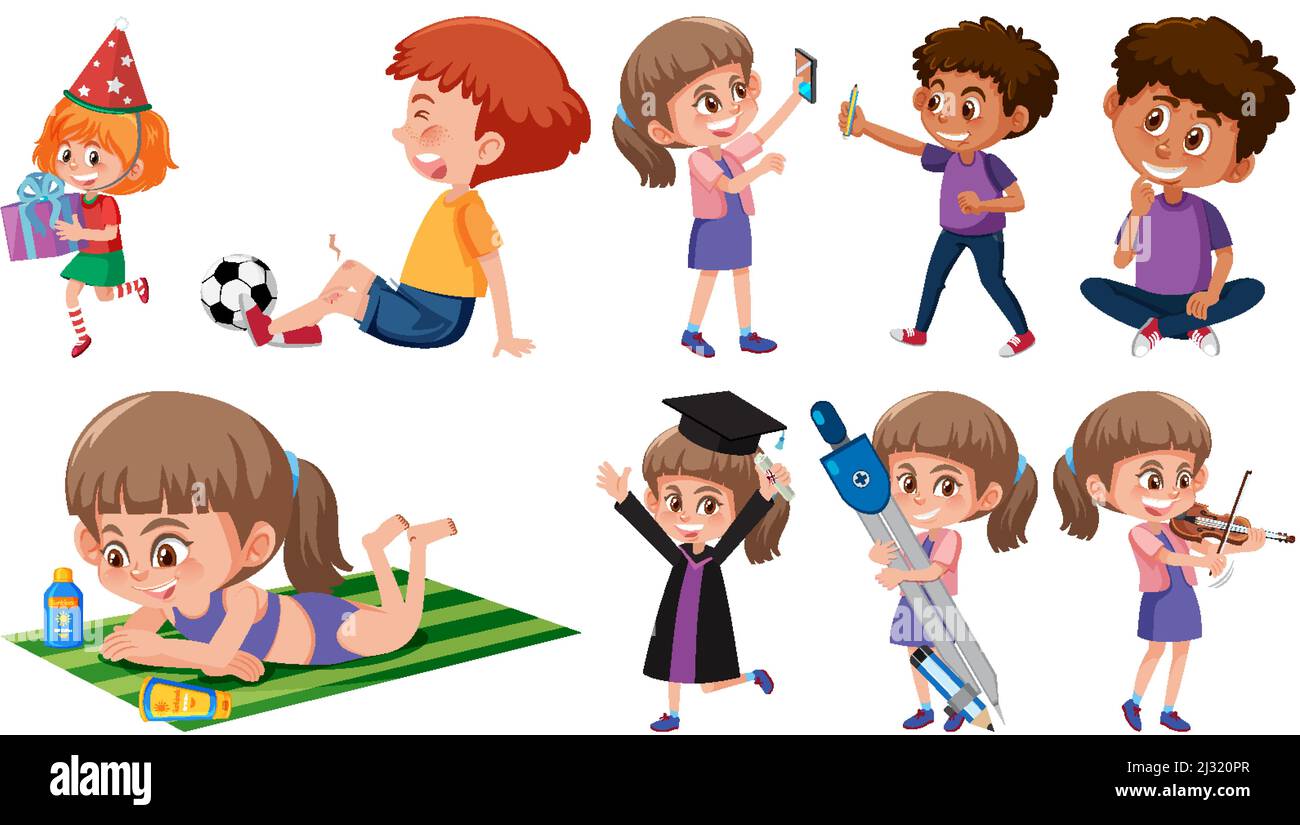 Set of children doing different activities on white background ...