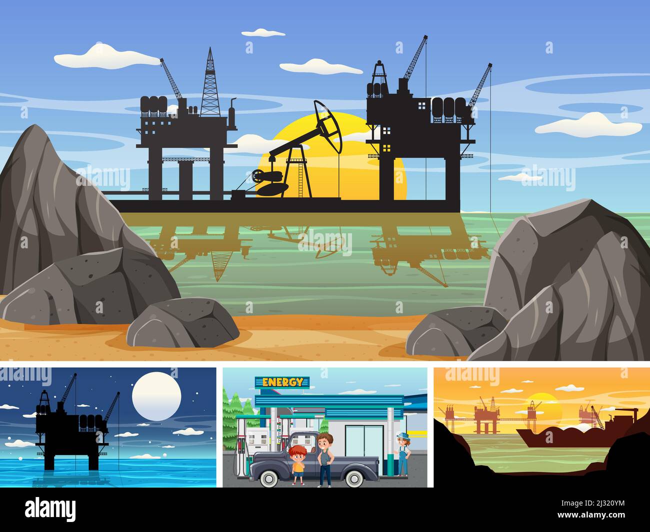 Set of oil petrol and gas relevant scene illustration Stock Vector ...
