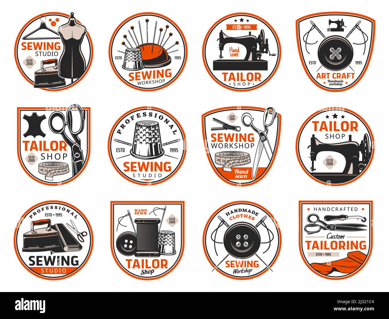 Tailoring and sewing industry icons, tailor shop or dressmaking atelier ...