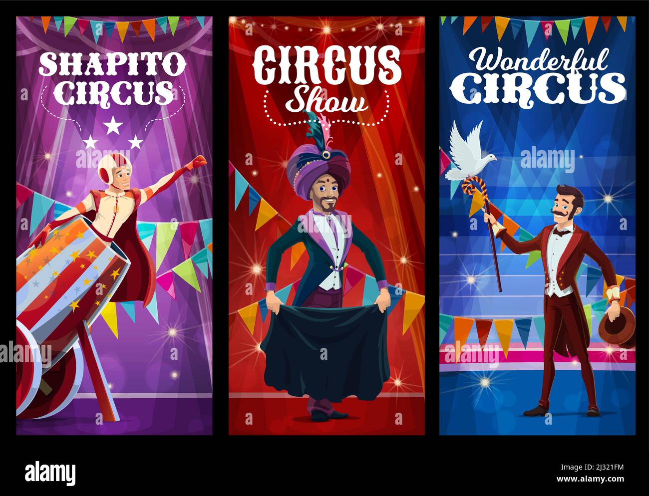 Shapito circus magician, acrobat and human cannonball, vector funfair ...