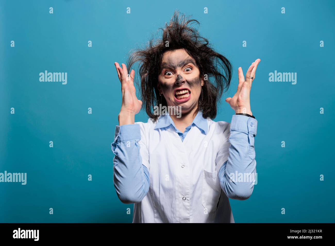 Mad biochemist with amusing look after laboratory explosion being angry ...