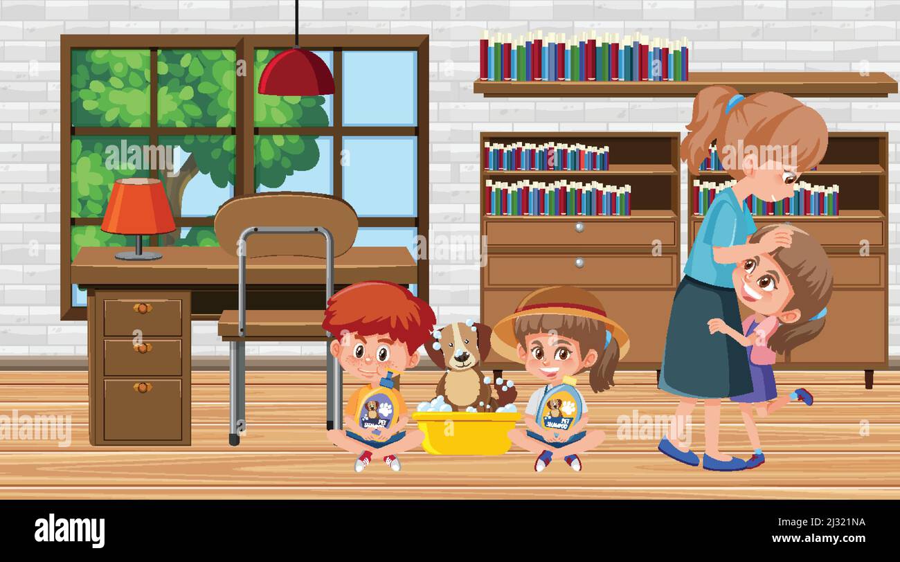 Mother and kids in the room scene illustration Stock Vector Image & Art ...