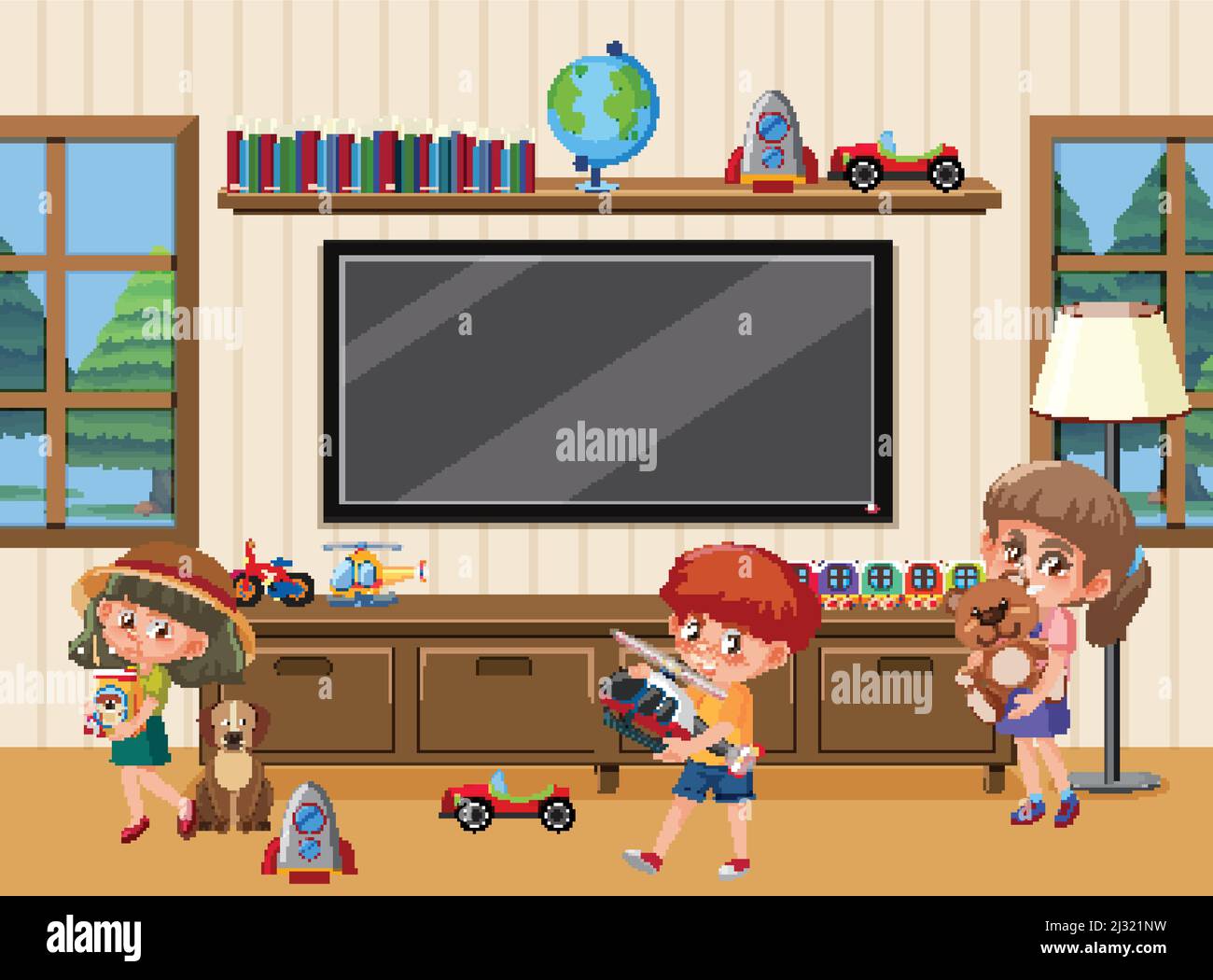 Living room scene with children cartoon character illustration Stock ...