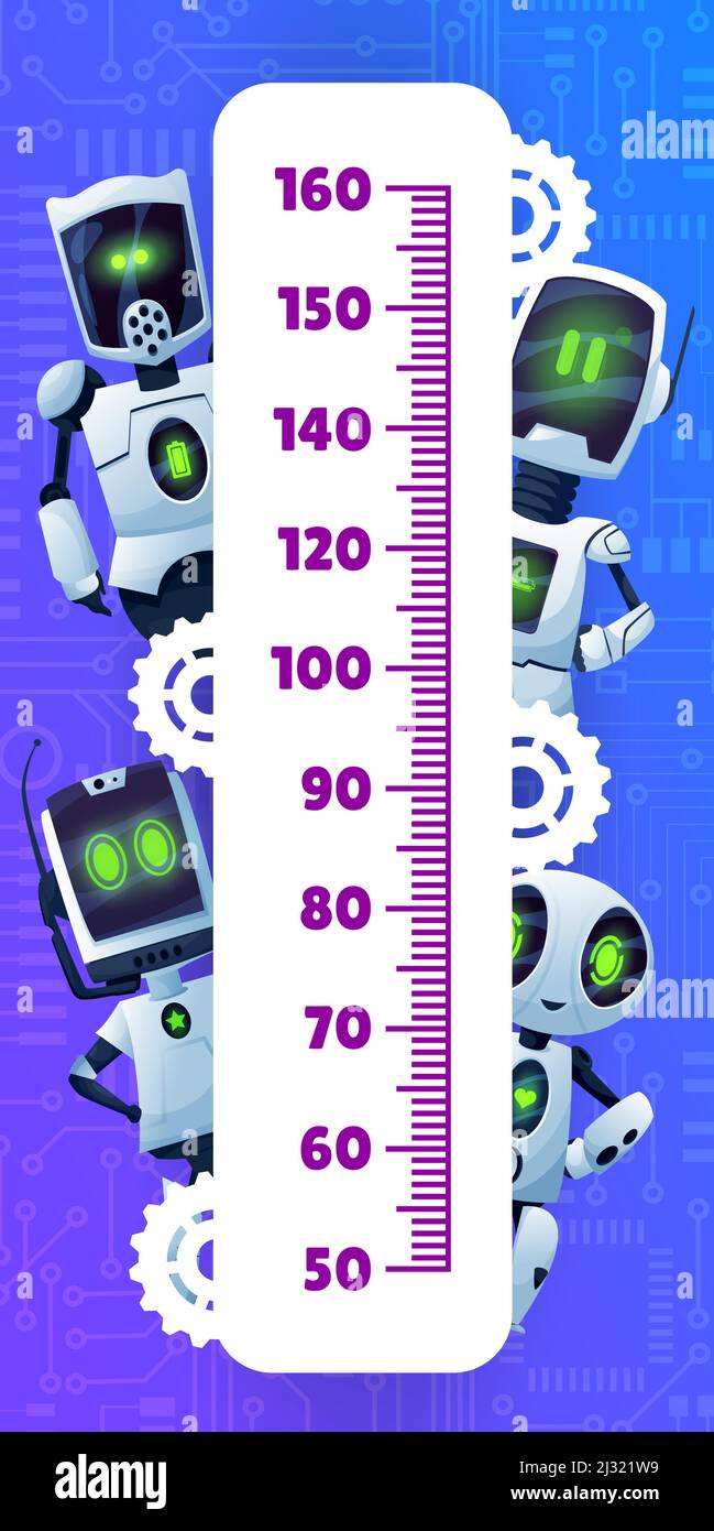 Kids height chart with cartoon robots, androids and cyborgs. Growth ...