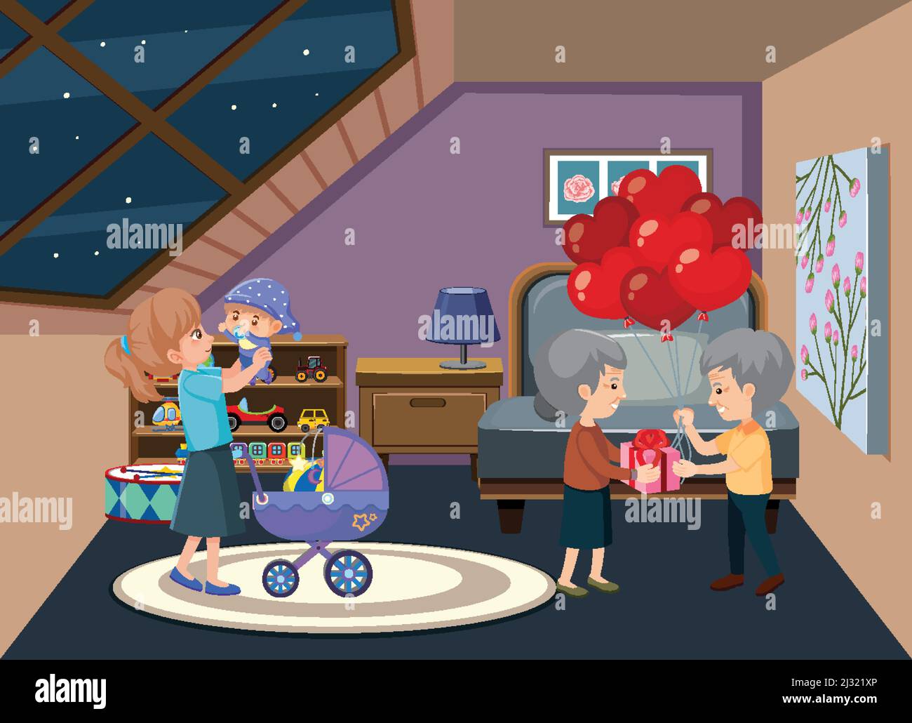 Garret room scene with family members illustration Stock Vector Image ...