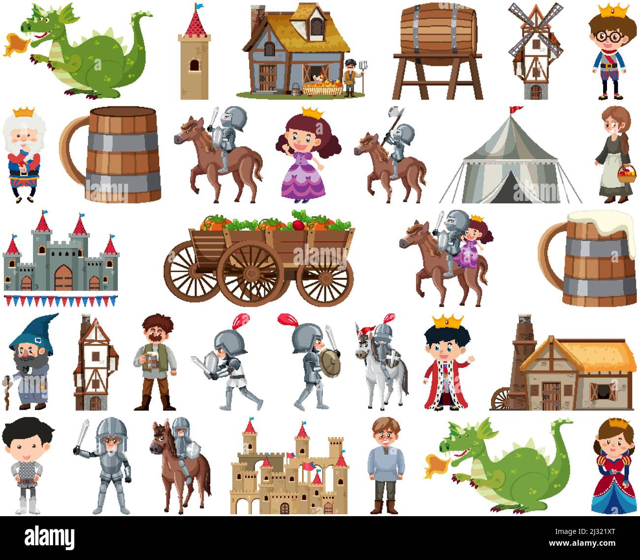 Medieval characters buildings set illustration Stock Vector Image & Art ...