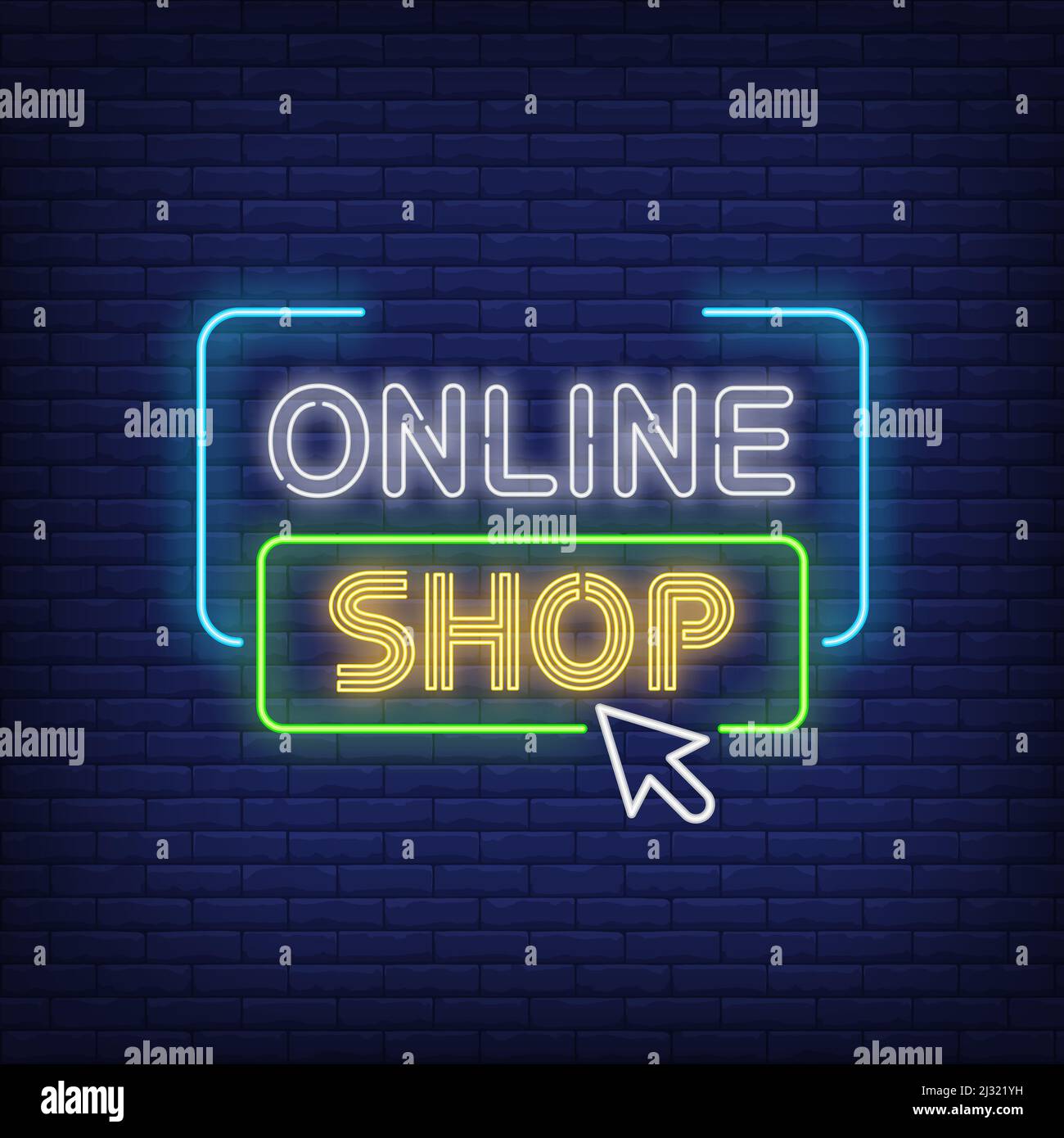 Online shop neon sign. Internet store buttons on brick wall background ...