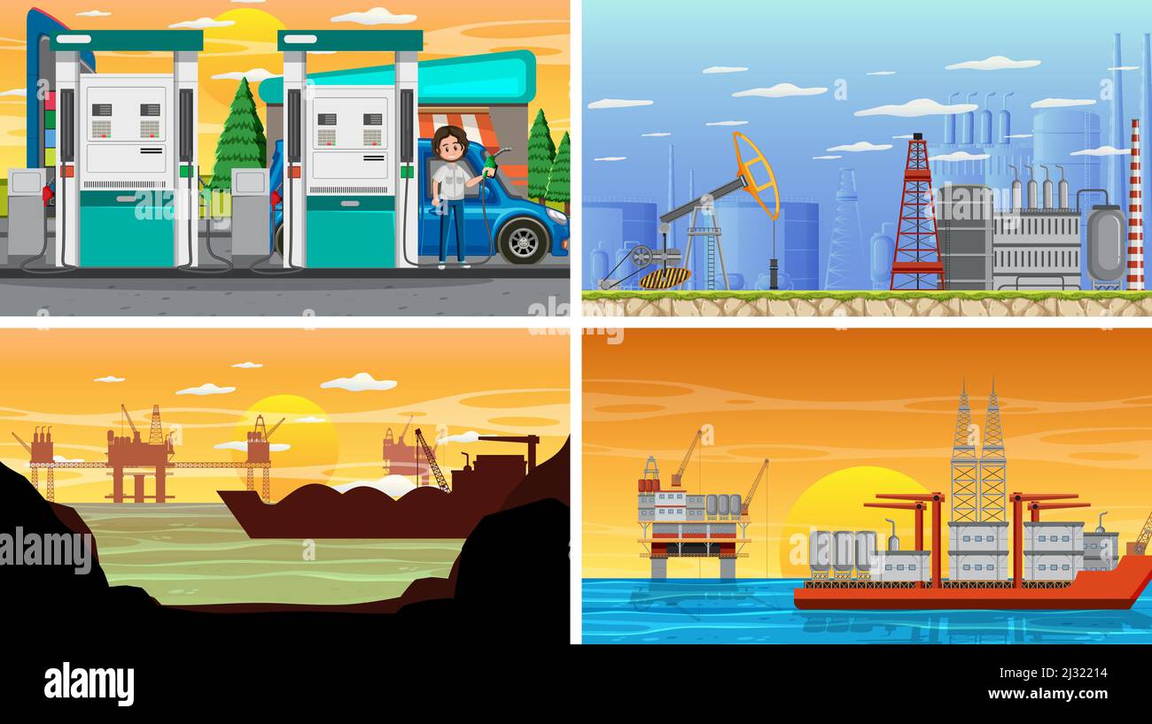 Set of oil petrol and gas relevant scene illustration Stock Vector ...