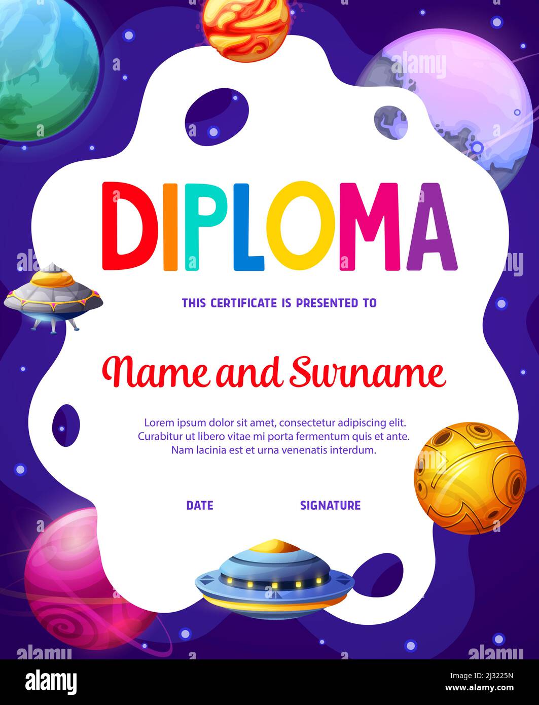 Kids diploma of space explorer. UFO, starcraft and fantastic cartoon ...