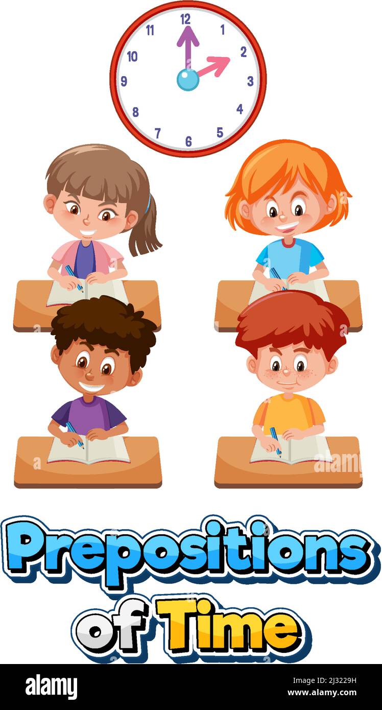 Prepostion wordcard design with kids learning time illustration Stock ...