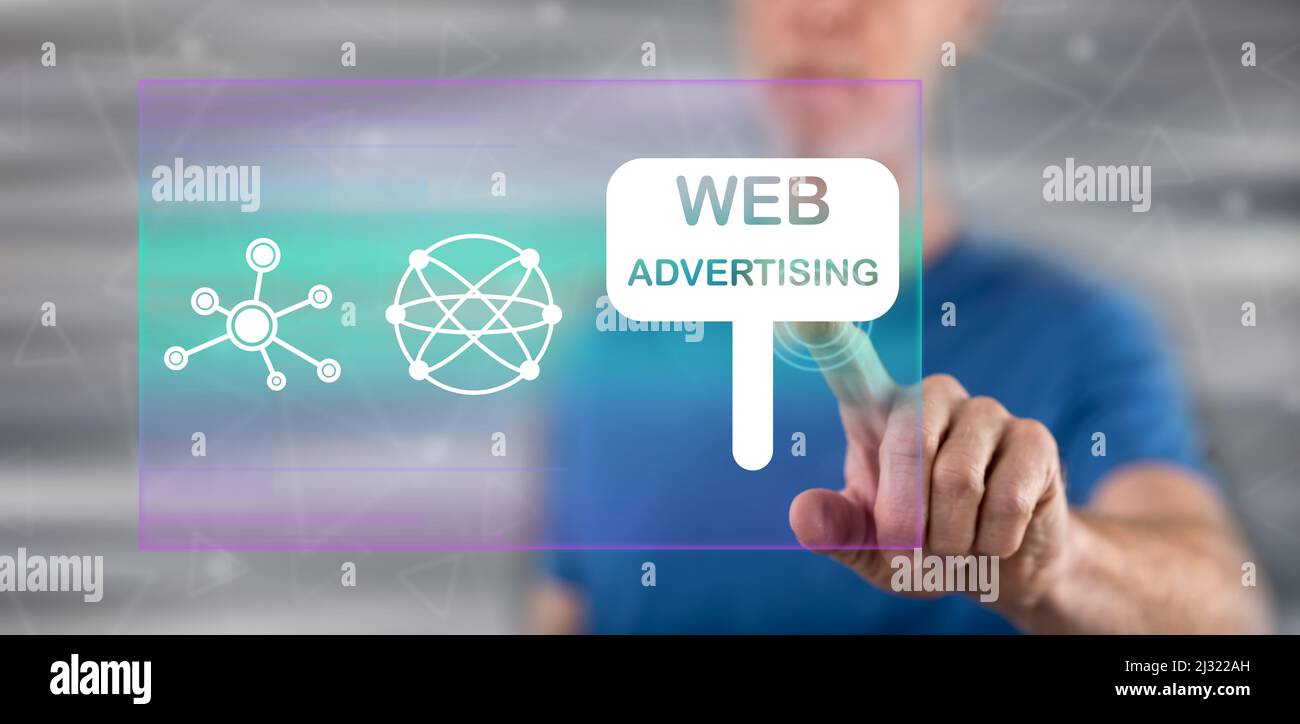 Man touching a web advertising concept on a touch screen with his ...