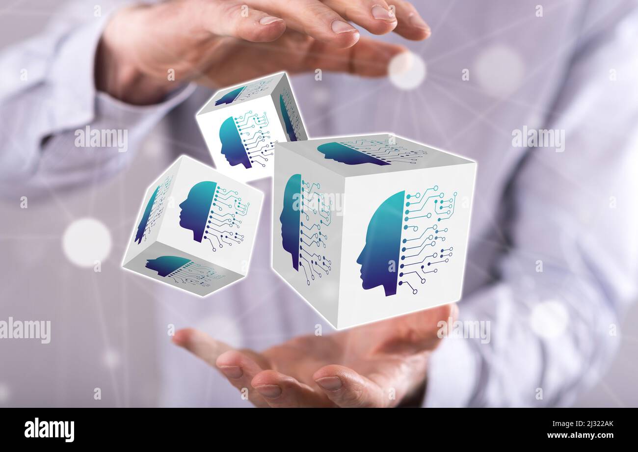 Machine learning concept between hands of a man in background Stock ...