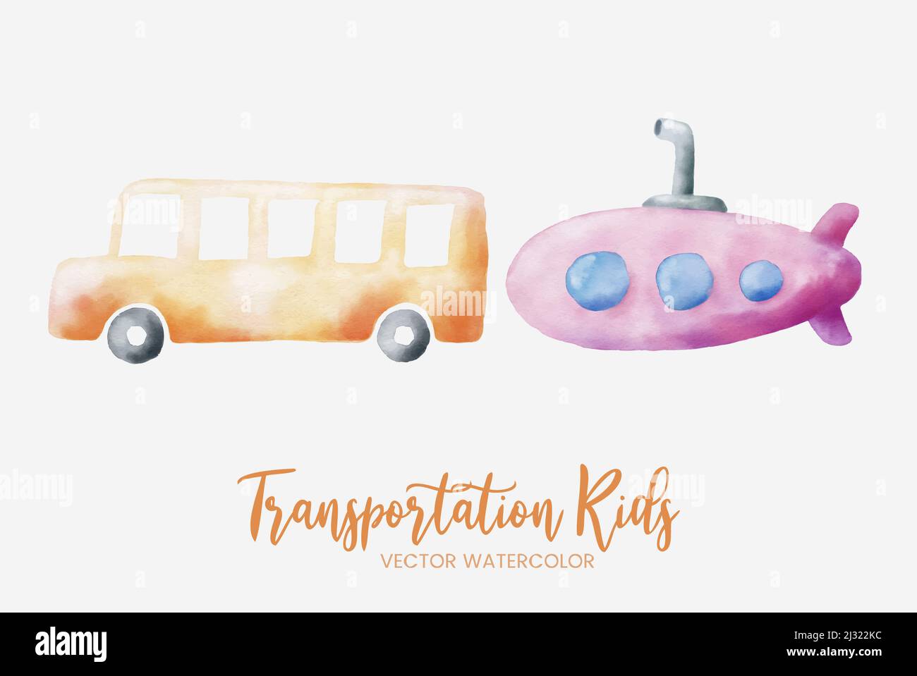 kids transportation bus and submarine watercolor set collection art ...