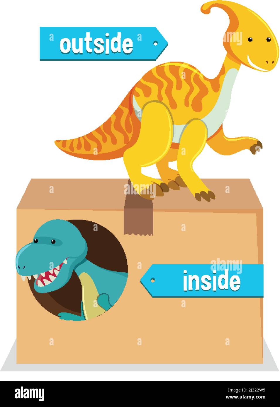 Preposition wordcard with dinosaurs and box illustration Stock Vector ...