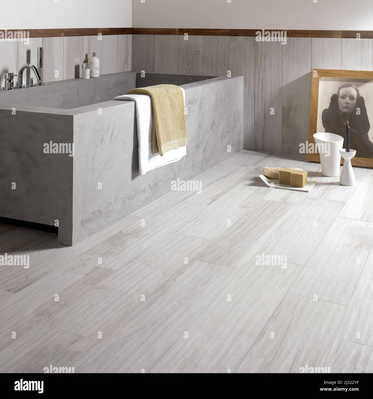 Modern bathroom with elegant tiles, seamless design, luxurious interior ...