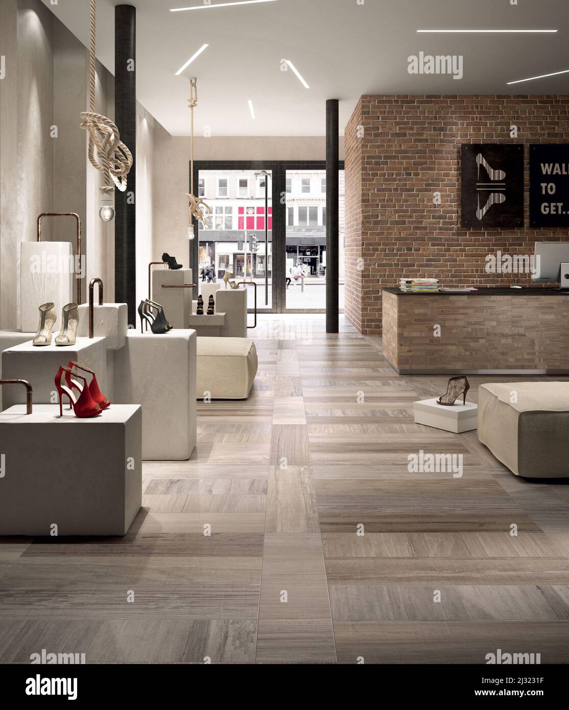 Modern showroom with elegant tiles, seamless design, luxurious interior ...