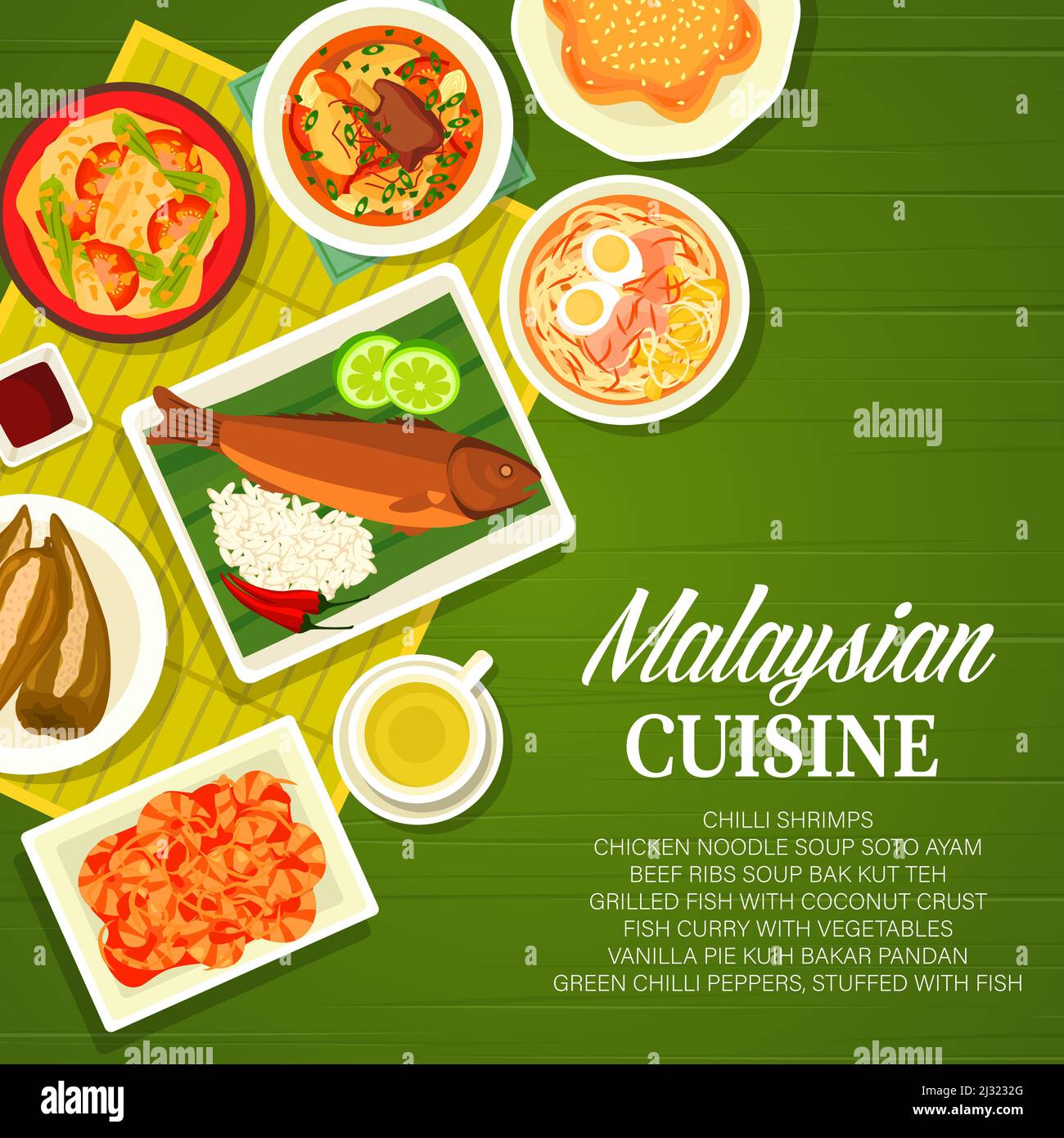 Malaysian cuisine menu cover template. Soto Ayam soup, grilled fish ...