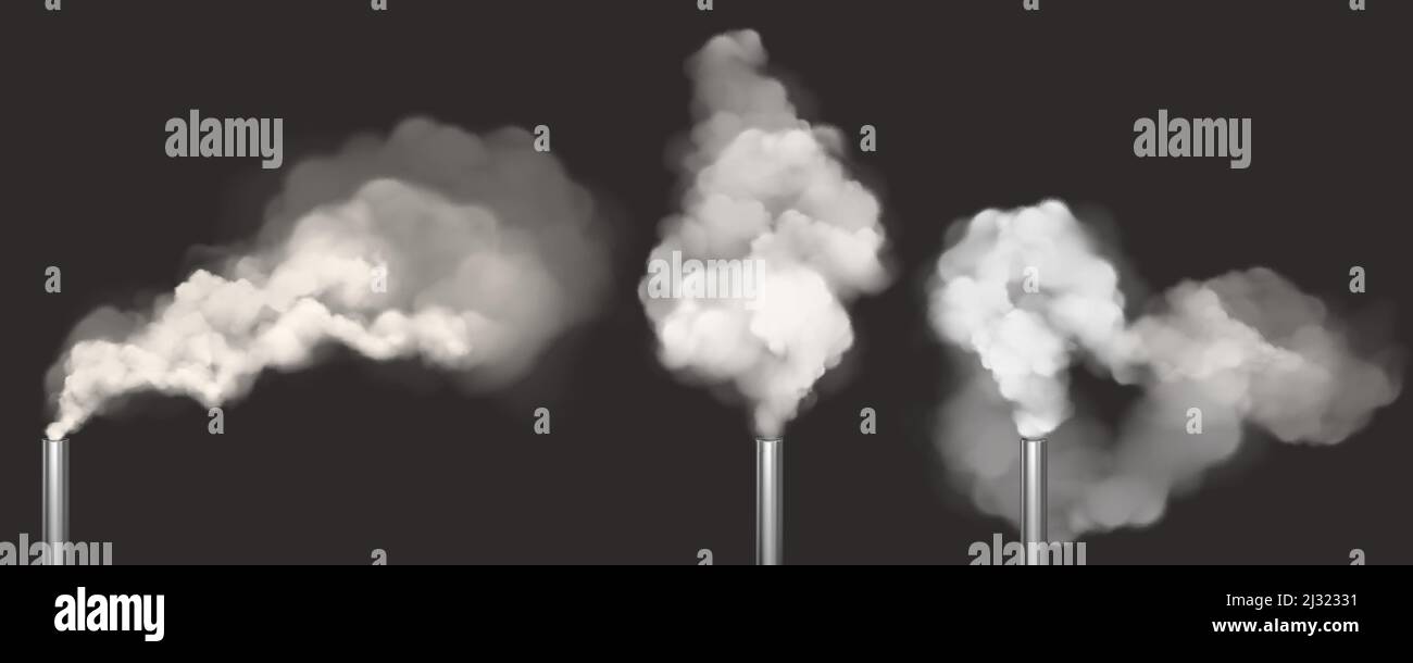 Chimneys with smoke, pipes with steam set. Industrial smog white clouds ...