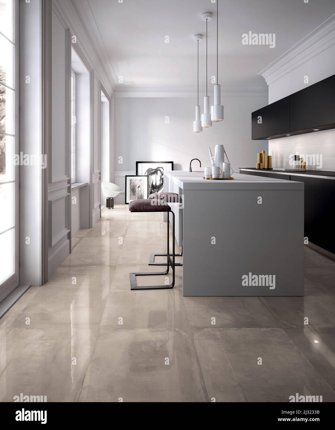 Modern interior design of kitchen with elegant gray tiles, seamless ...