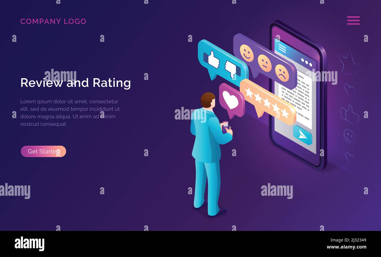 Review and rating isometric landing page. Customer stand at huge ...