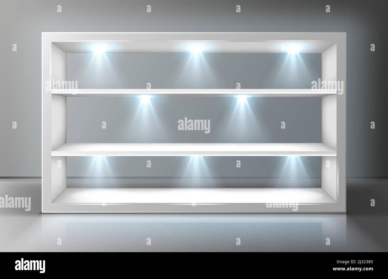 Glass wall display case frame with shelves in empty exhibition room ...