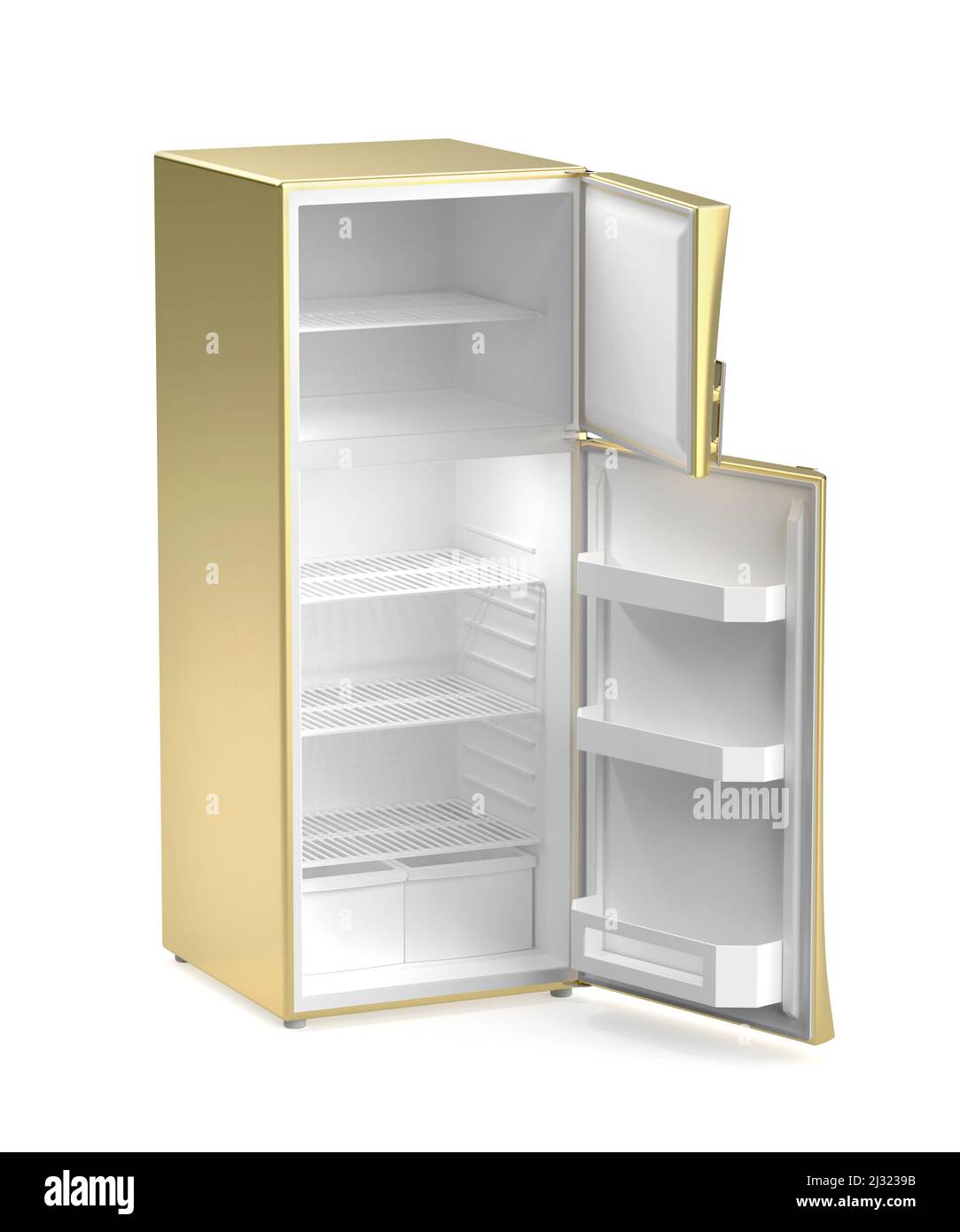 Empty golden refrigerator on white background Stock Photo - Alamy