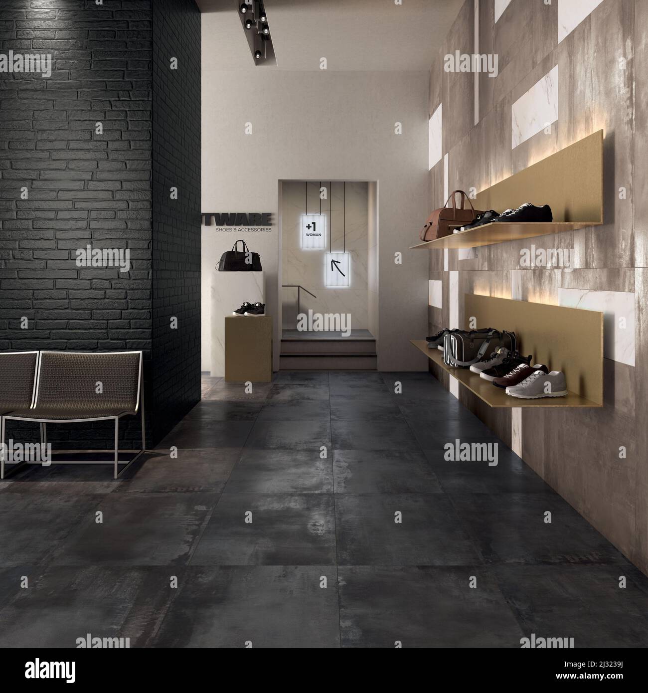 Modern showroom with elegant tiles, seamless design, luxurious interior ...