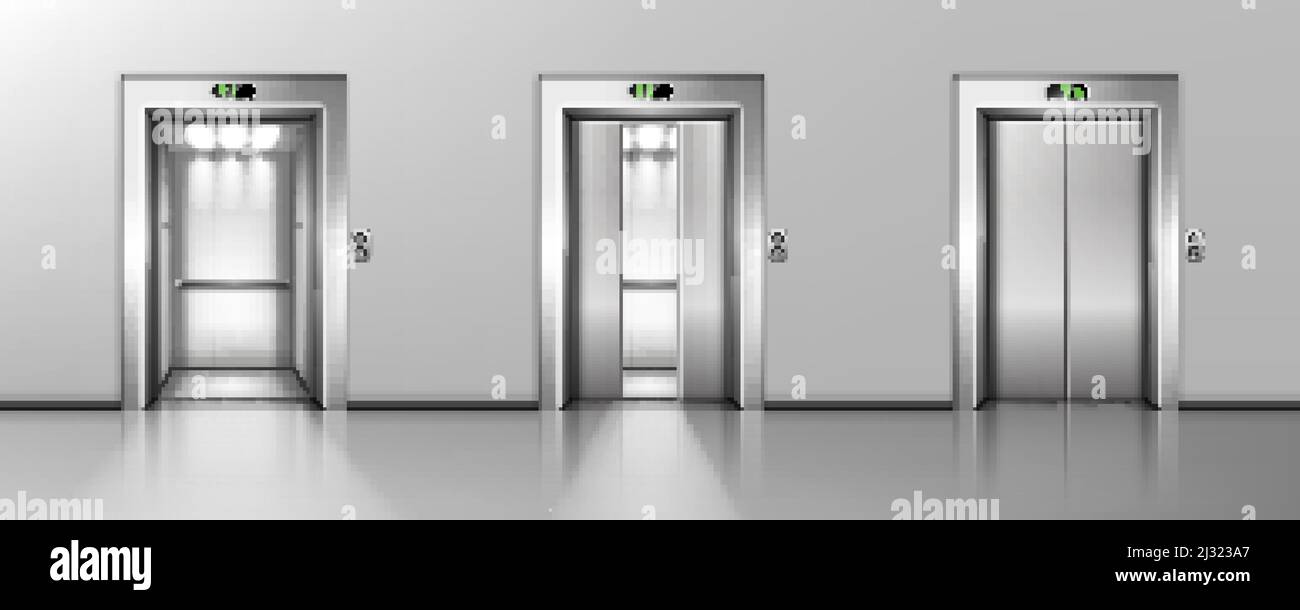 Open and closed elevator doors in office hallway. Vector realistic ...