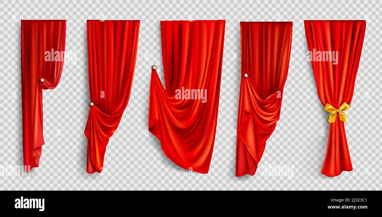 Red window curtains set, folded cloth for interior decoration isolated ...
