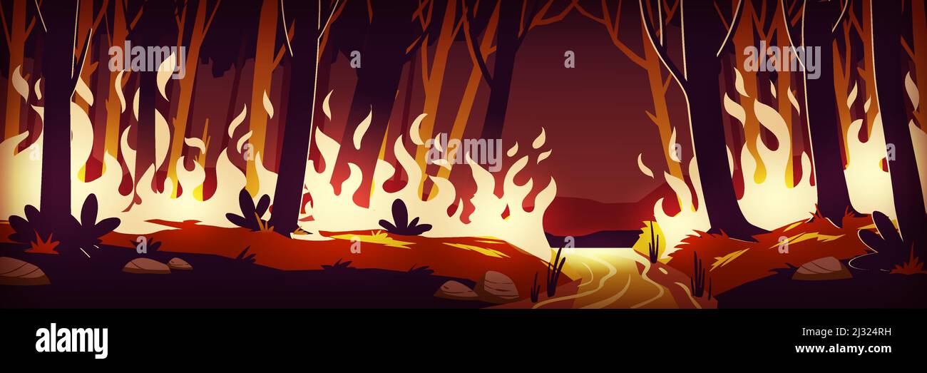 Burning wildfire at night. Fire in forest. Vector cartoon illustration ...