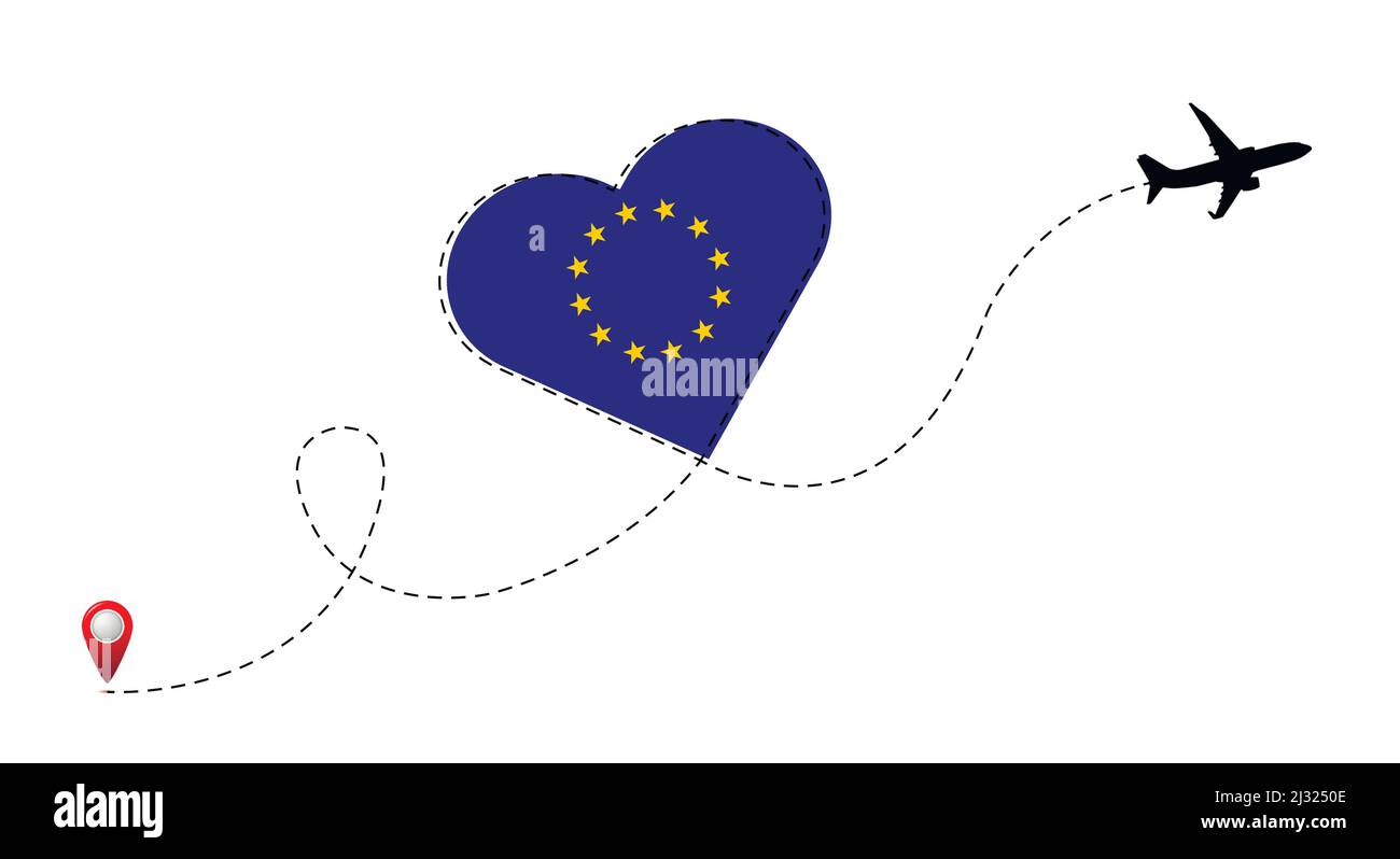 Airplane flight route with european union flag inside the heart Stock ...