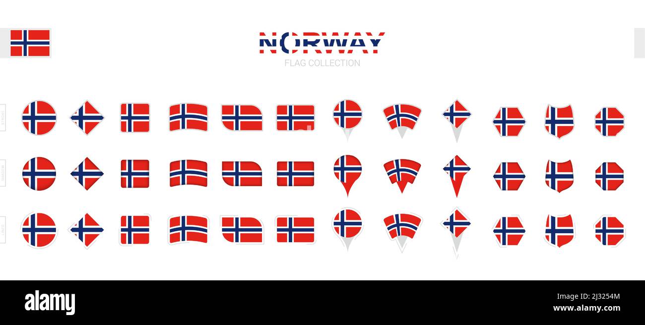 Large collection of Norway flags of various shapes and effects. Big set ...