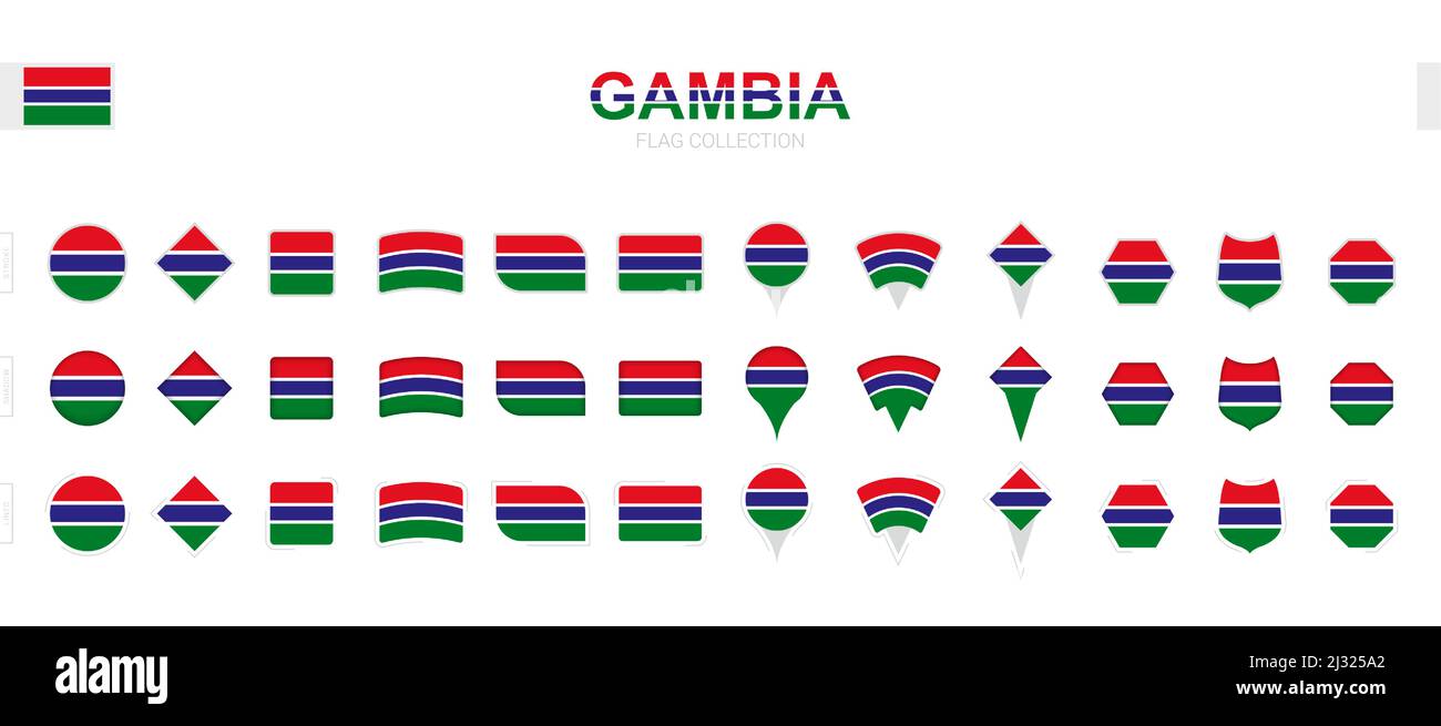 Large collection of Gambia flags of various shapes and effects. Big set ...