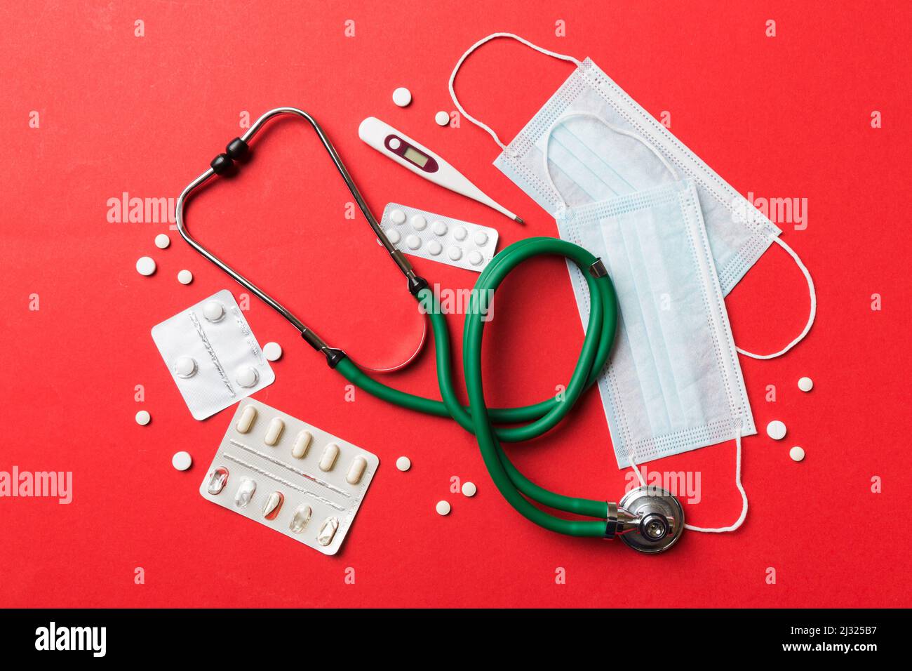 Medical background. Many different various medicine tablets or pills on ...