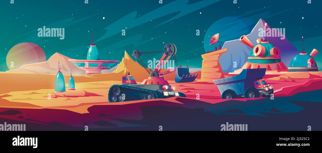 Planet colonization and space mining, excavator and truck driving near ...