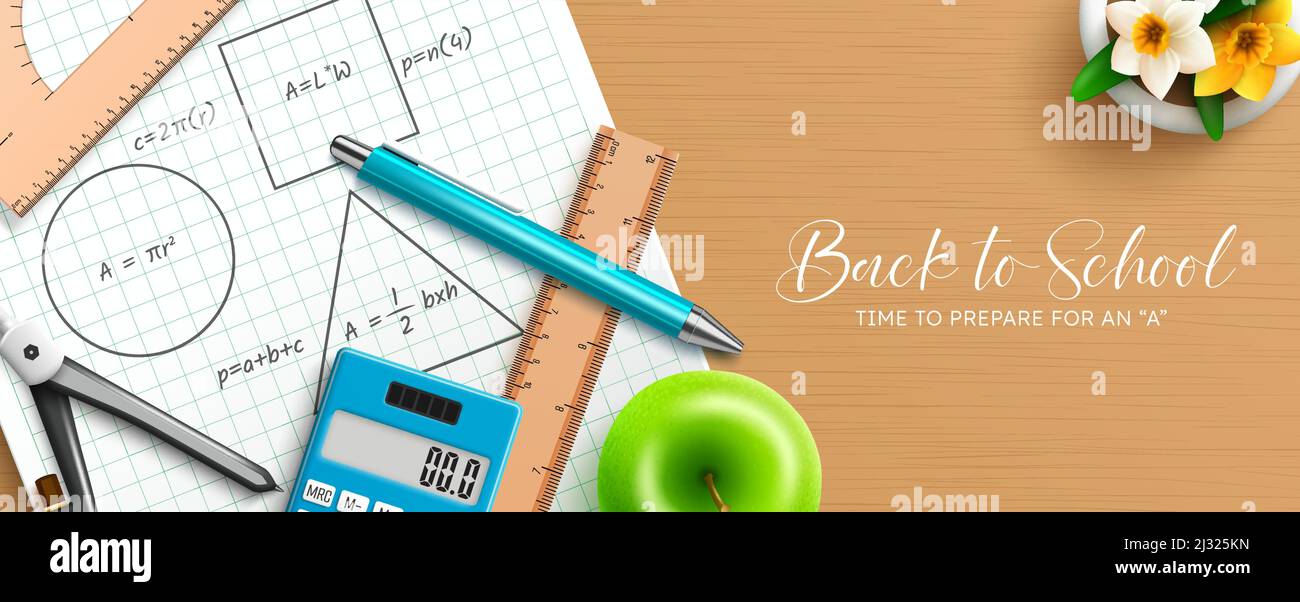 Back to school vector design. Back to school text in study table with ...