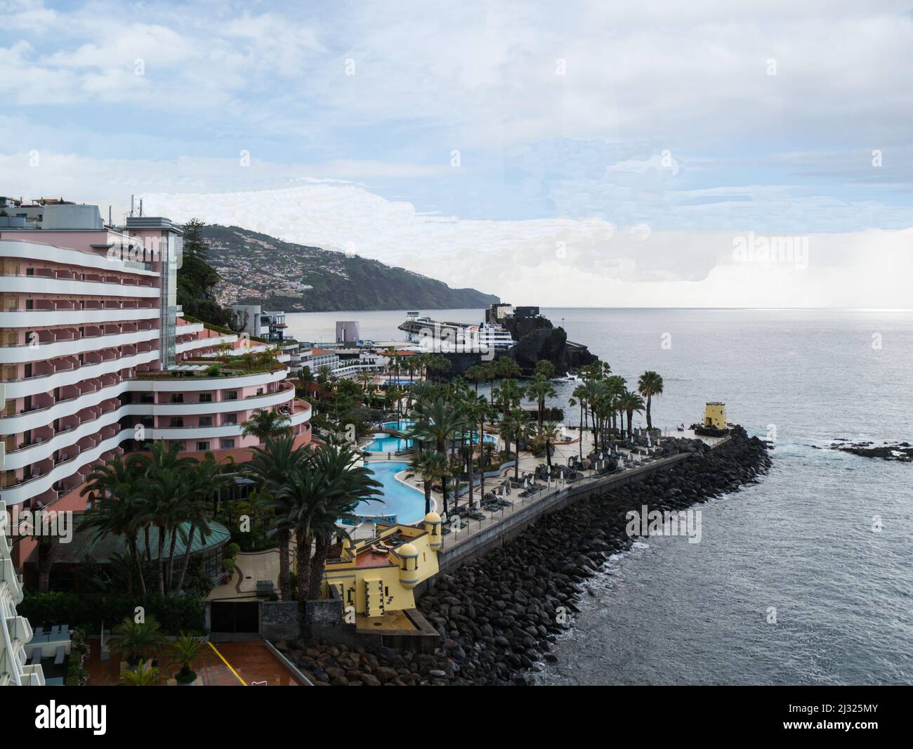 View down to Funchal port and sea front of lovely capital city of ...