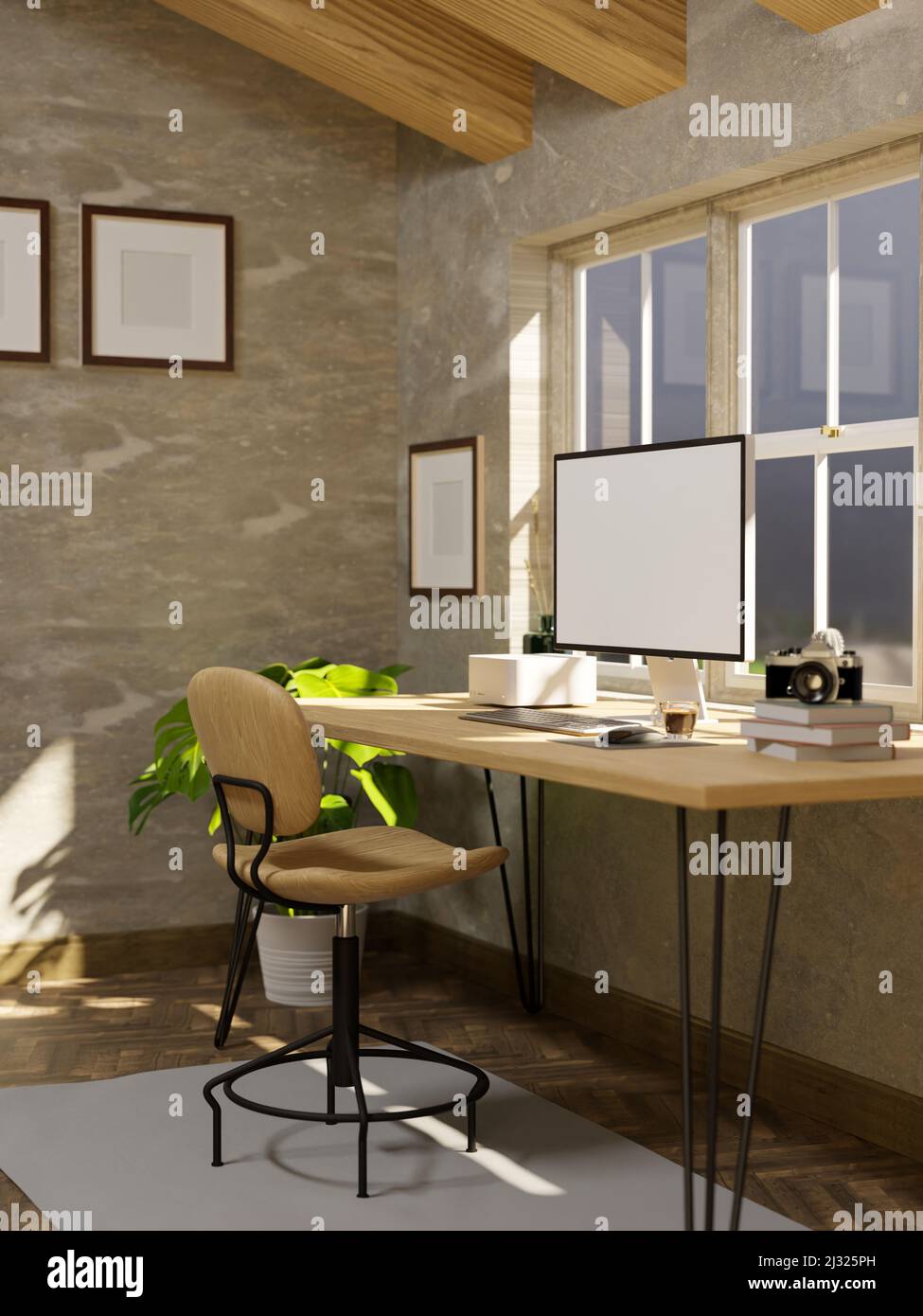 Contemporary Scandinavian home workspace interior with a computer and ...