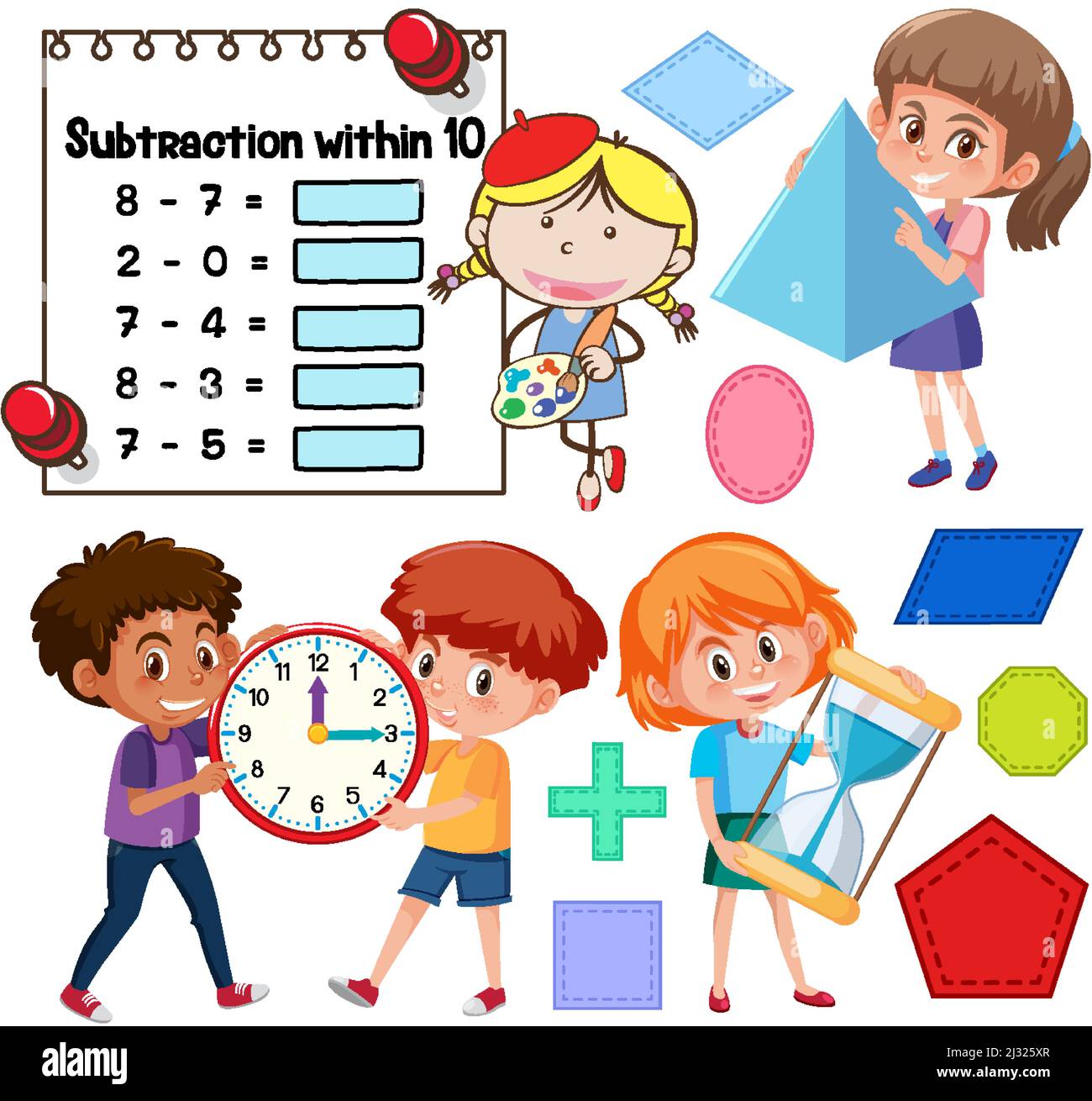 Math classroom objects with supplies and students illustration Stock ...