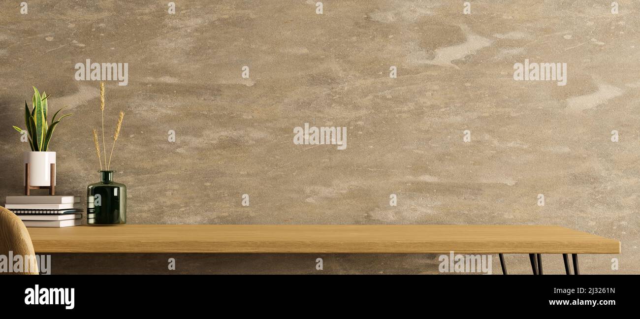 Wooden tabletop with plant in pot, aroma diffuser, stack of books and ...