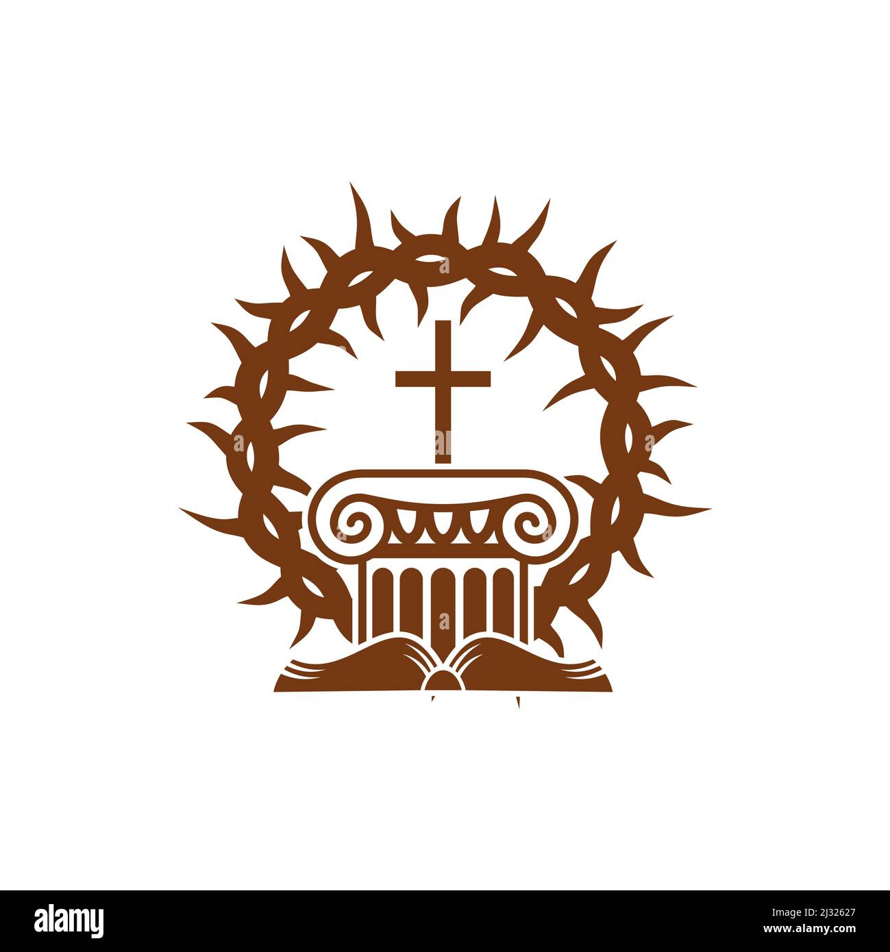 Christianity religion vector icon with cross, pillar and open Bible ...