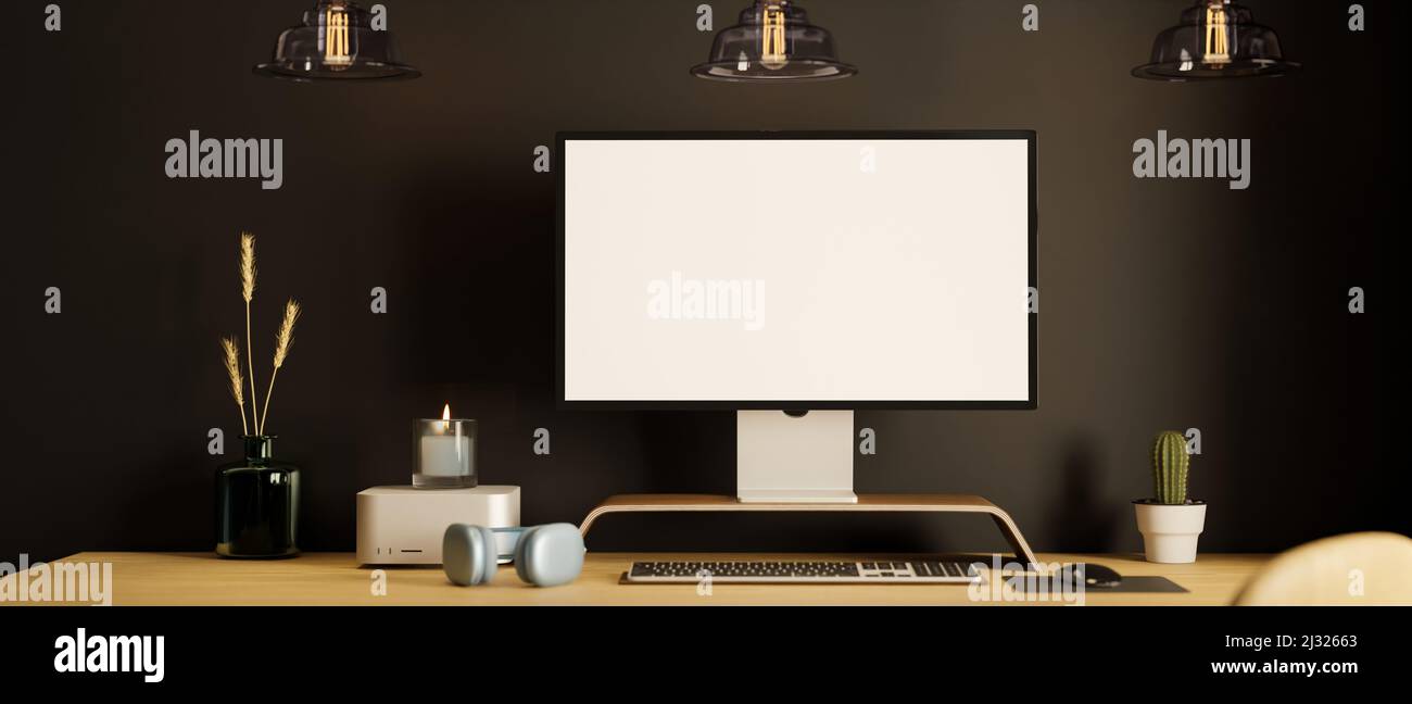 Luxury elegance dark workspace interior with pc desktop computer mockup ...